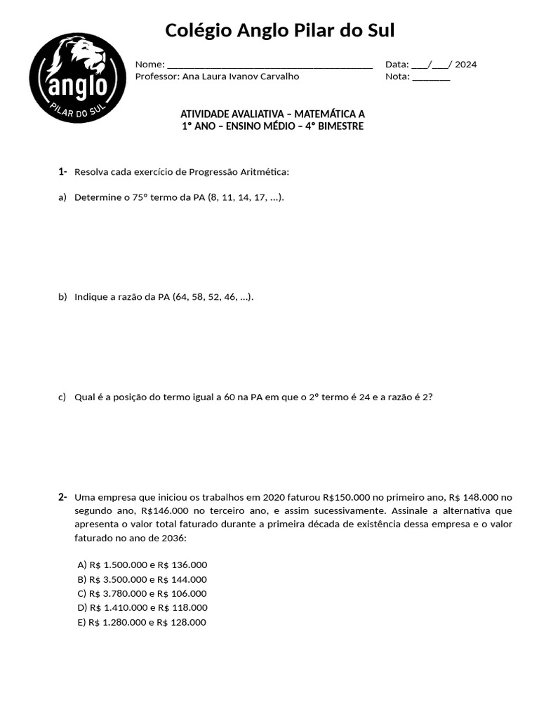 Ativ. Avaliativa Mat A - 1EM 4BIM | PDF