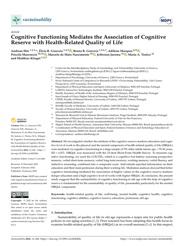 Cognitive Functioning Mediates The Association of Cognitive Reserve ...