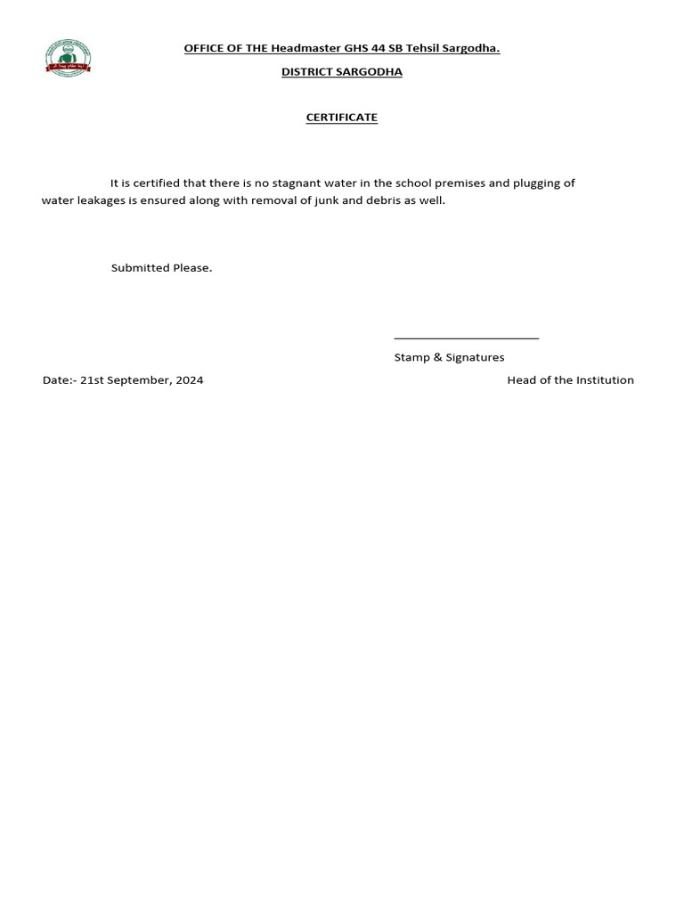 Certificate Format For Schools GHS 56SB Tehsil Sargodha | PDF