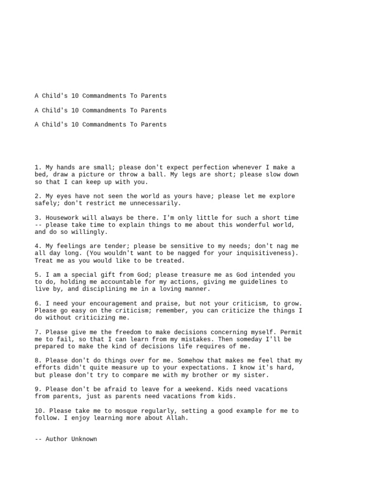 Child's Commandments for Parents | PDF