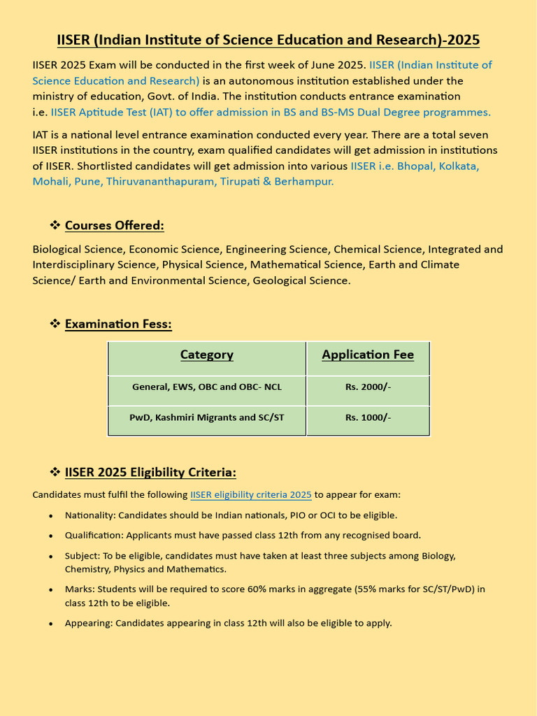 IISER 2025 Exam Details and Eligibility | PDF | Physical Sciences