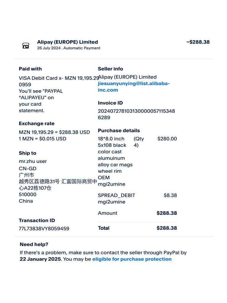 Alipay (EUROPE) Limited $288.38: Jiesuanyunying@list - Alibaba | PDF