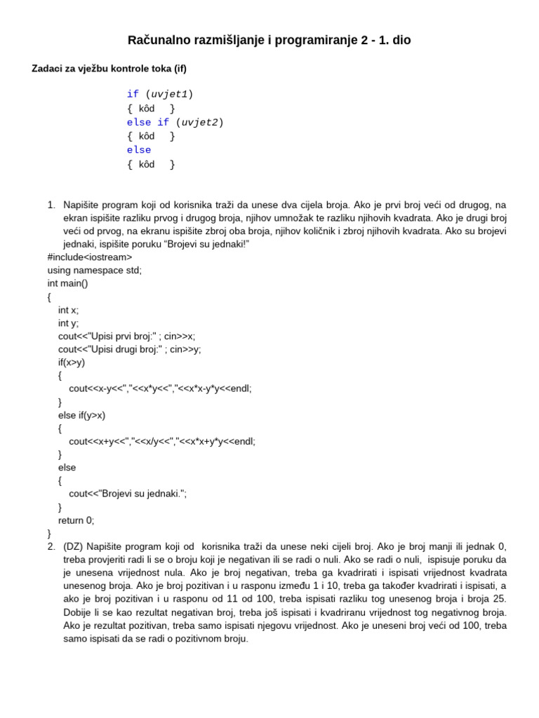 C++ Zadaci Za Vježbu - 1.dio | PDF