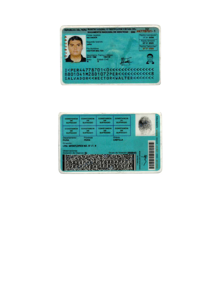 Dni Hector Salvador Supervisor de Seguridad Incoserv | PDF