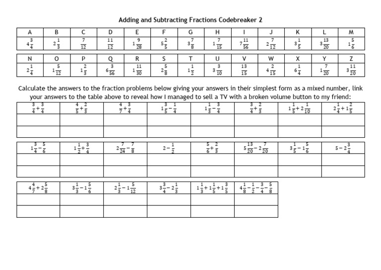 Adding and Subtracting Fractions Codebreaker 2 | PDF | Numbers ...