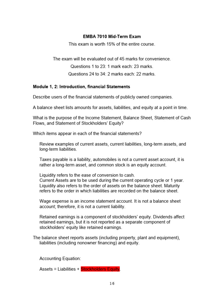 EMBA 7010 MidTerm Exam Review-Revised | PDF | Equity (Finance) | Debits ...