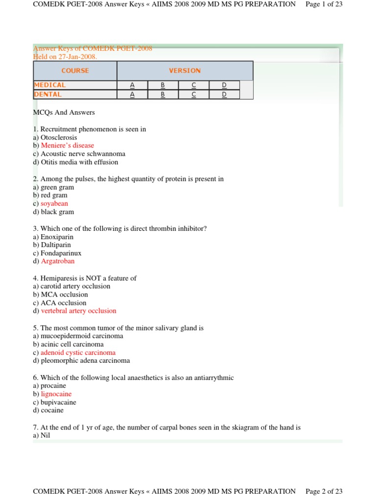 Answer Keys of Comedk Pget-2008 | PDF | Epithelium | Peripheral Neuropathy
