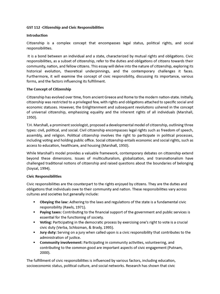 GST 112 - Citizenship and Civic Responsibilities | PDF | Citizenship | Civic Engagement