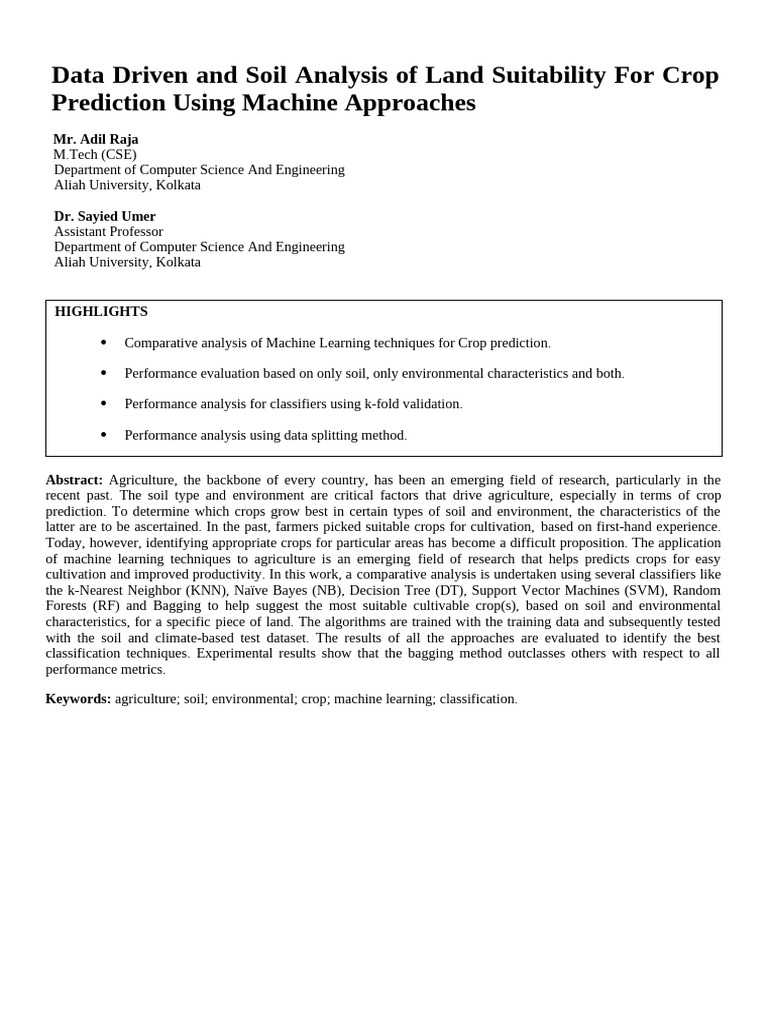 Data Driven and Soil Analysis of Land Suitability For Crop Prediction Using Machine Approaches ...