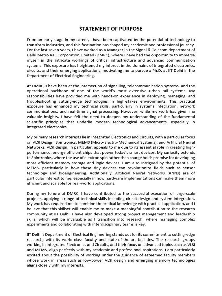 Statement of Purpose | PDF | Electronics | Electrical Engineering