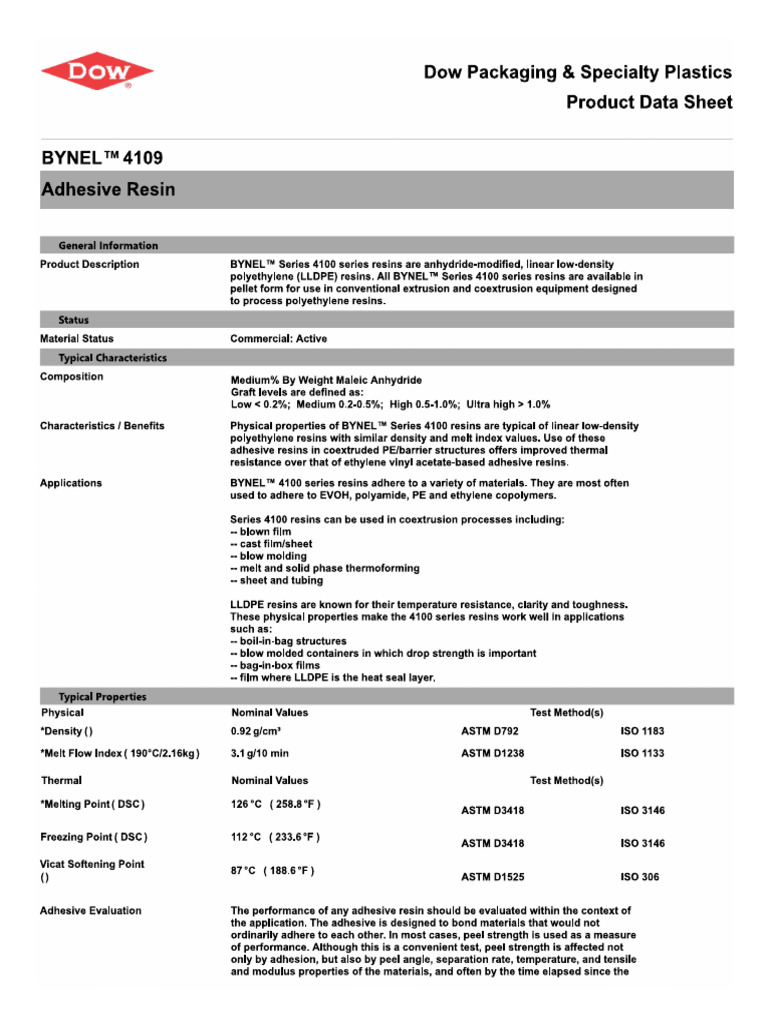 914 05501 01 Bynel 4109 Adhesive Resin Tds | PDF