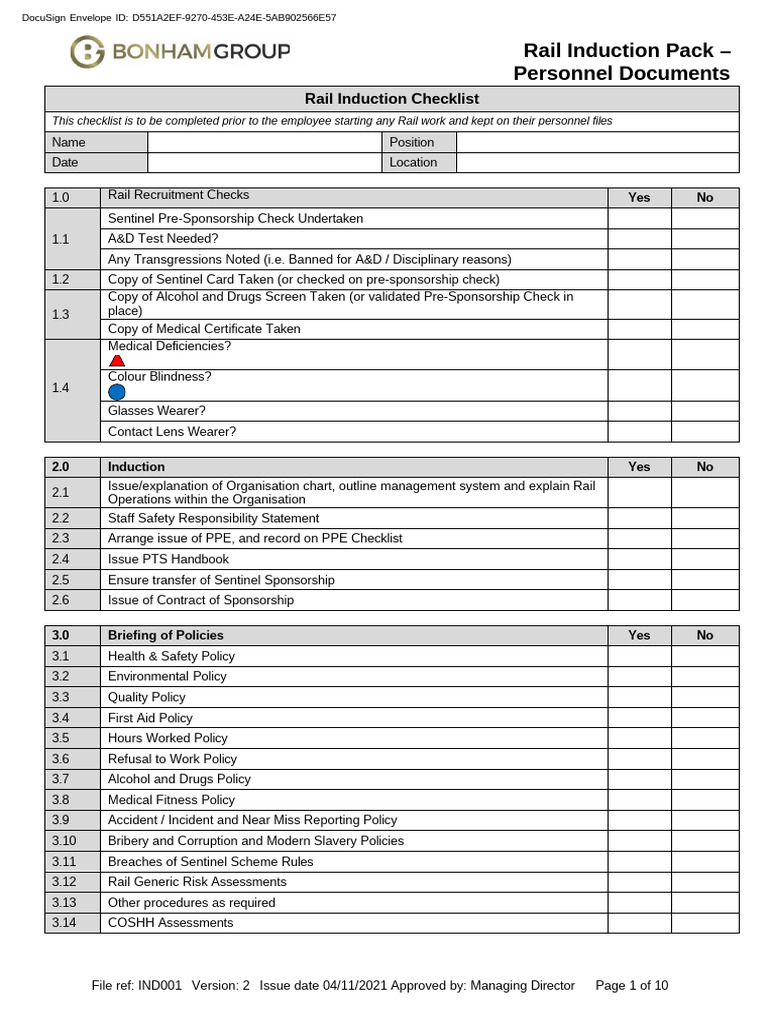 Rail Induction Checklist and Policies | PDF | Personal Protective Equipment