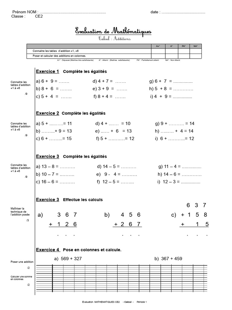 01 Eval Maths P1 2021 Addition | PDF | Mathématiques