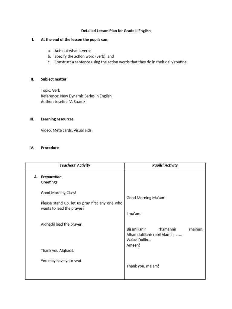 Detailed1 Lesson Plan For Grade II English | PDF | Syntax | Linguistics