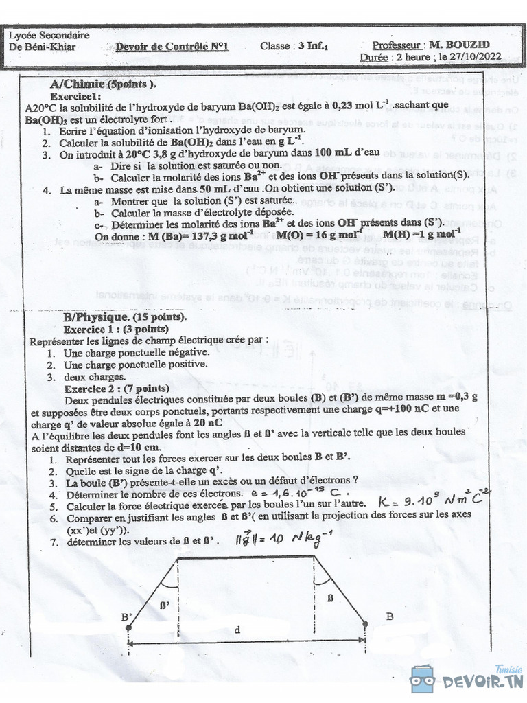 Devoir de Contrôle N°1 Avec Correction 2022 2023 (Lycée de Béni Khiar) | PDF