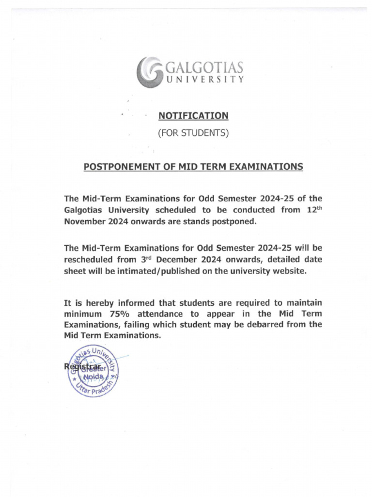 Postponement of Mid Term Examinations | PDF