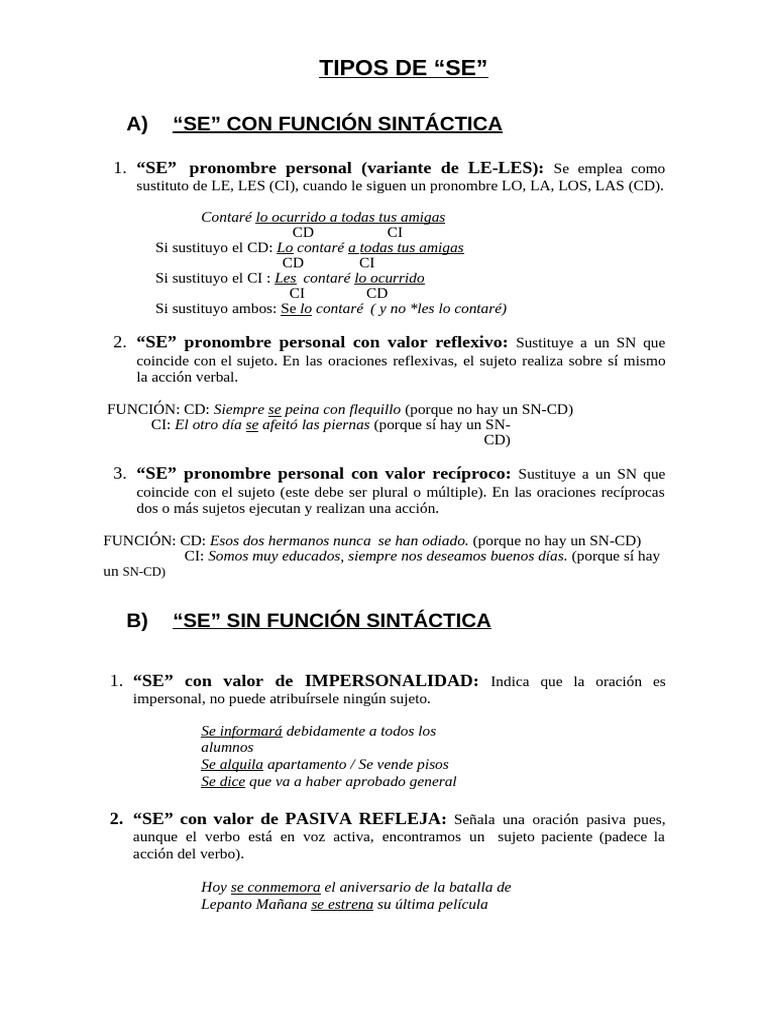 Tipos de Se | PDF | Asunto (gramática) | Verbo