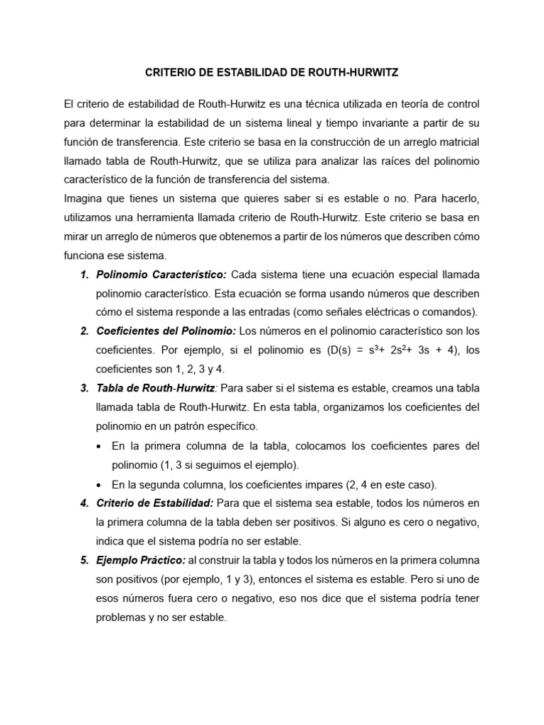 Criterio de Routh-Hurwitz (Explicación) | PDF