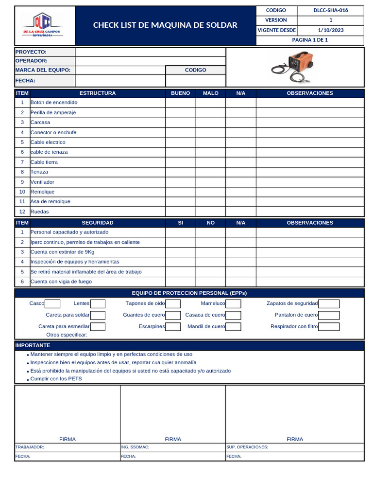 Dlcc-Sha-016 Check List Maquina de Soldar | PDF | Bienes manufacturados