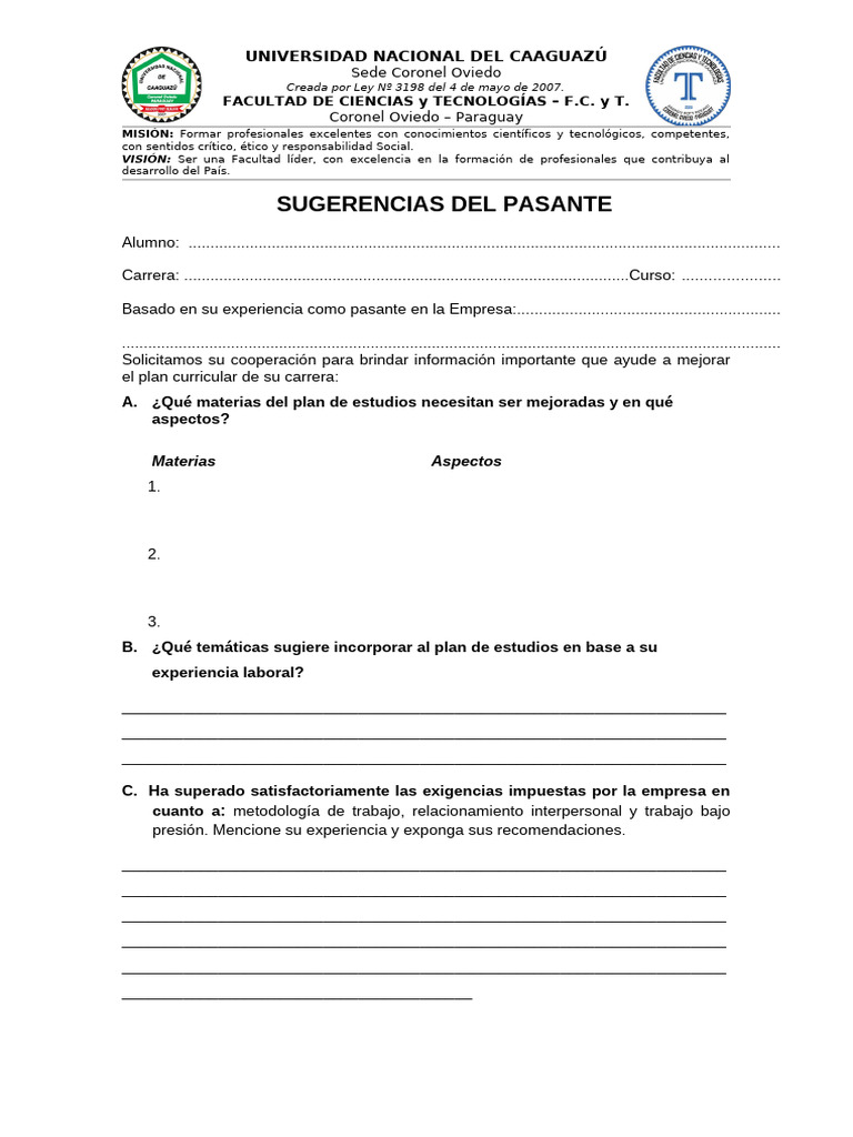 4 - Formulario de Sugerencia Del Pasante | PDF | Plan de estudios