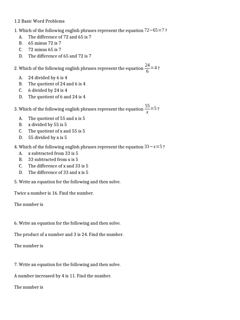 Lesson 1.2 Basic Word Problems | PDF | Equations | Mathematics