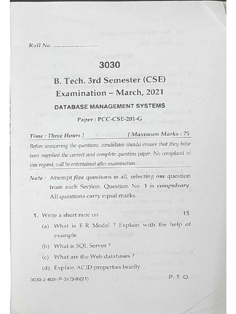 2021 B.tech. 3RD Semester Database Management Systems | PDF