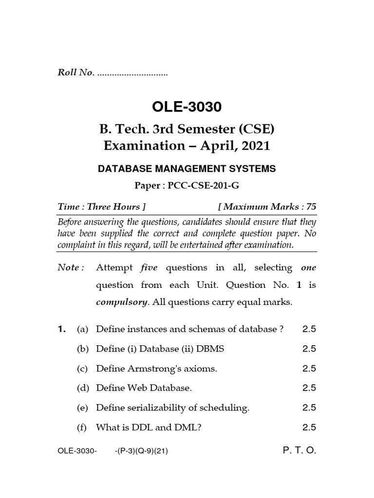 2021 Btech 3rd Semester Cse Database Management Systems Pdf Databases Data Management 4481