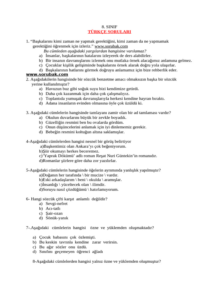 Turkce 8 100 Soru | PDF