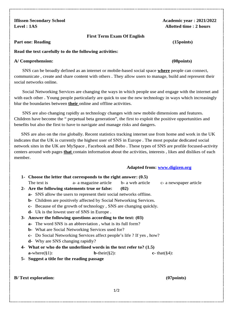 The Suggested Exam 1AS | PDF | Social Networking Service | Linguistics