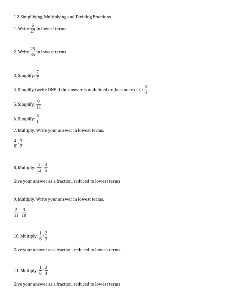 Lesson 1.3 Simplifying, Multiplying, and Dividing Fractions | PDF ...