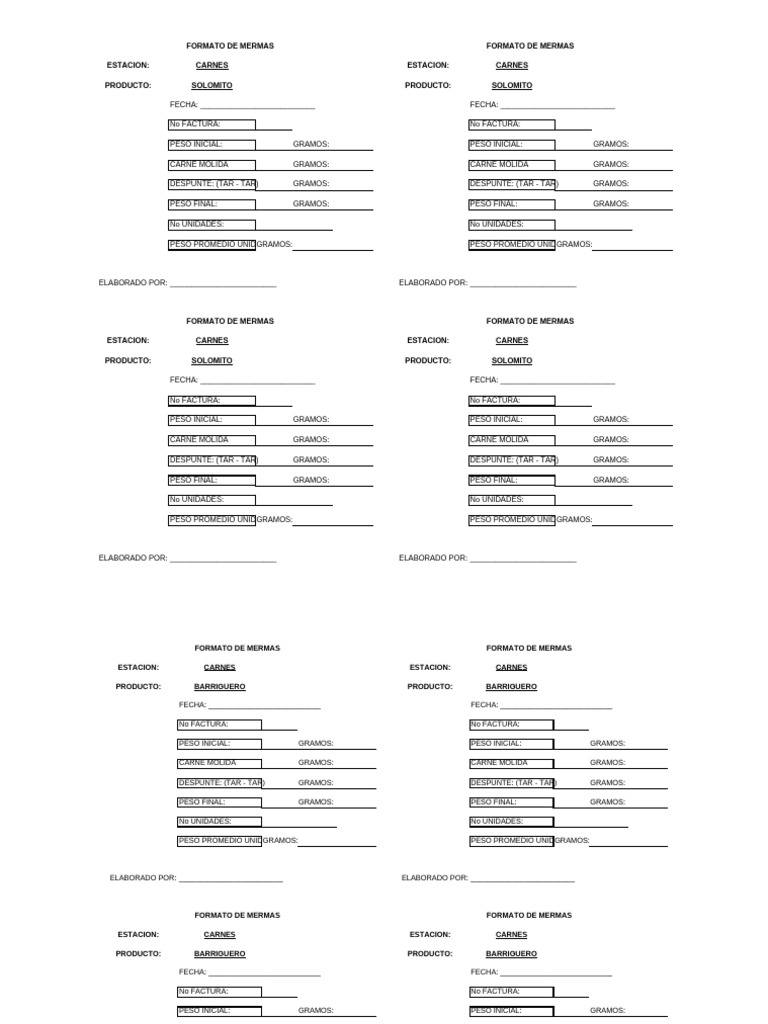 Formato de Mermas de Carnes | PDF | Alimentos | Cocina