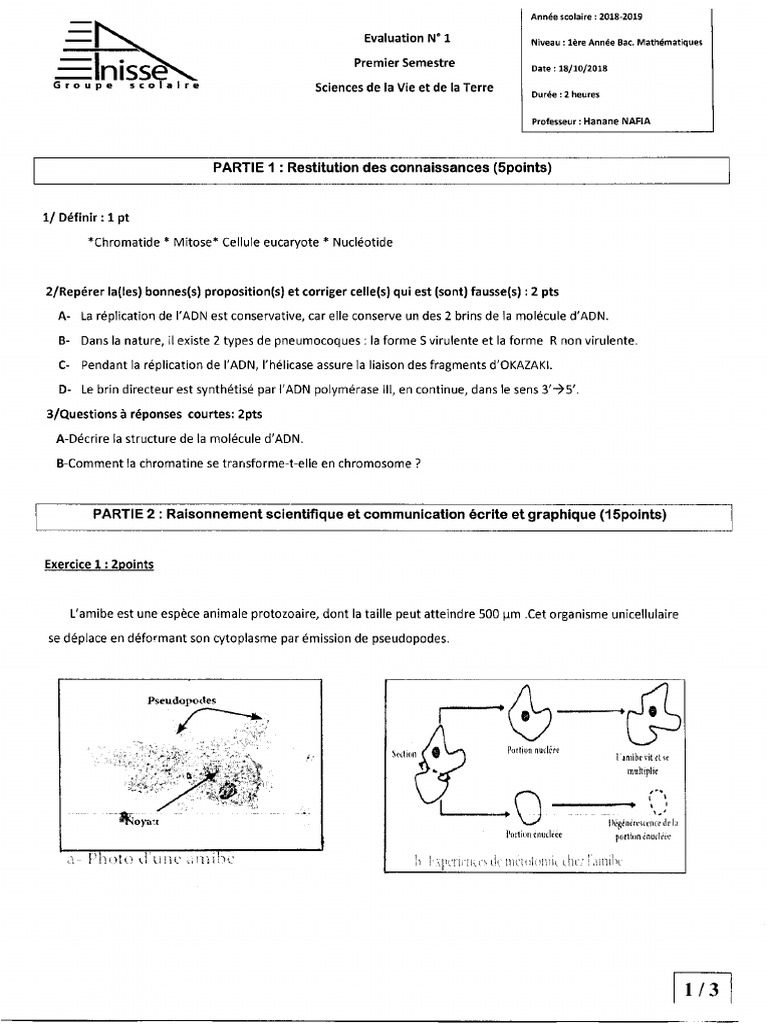 Devoir 1 Sciences de La Vie Et de La Terre 1er BAC Sciences ...