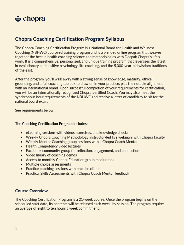Chopra Coaching Certification Syllabus | PDF | Experience | Ayurveda