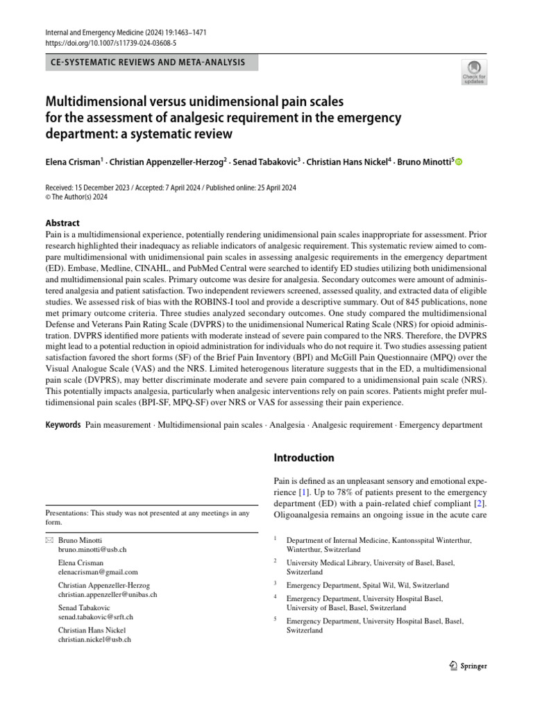 Multidimensional Versus Unidimensional Pain Scales in Emergency Dep ...