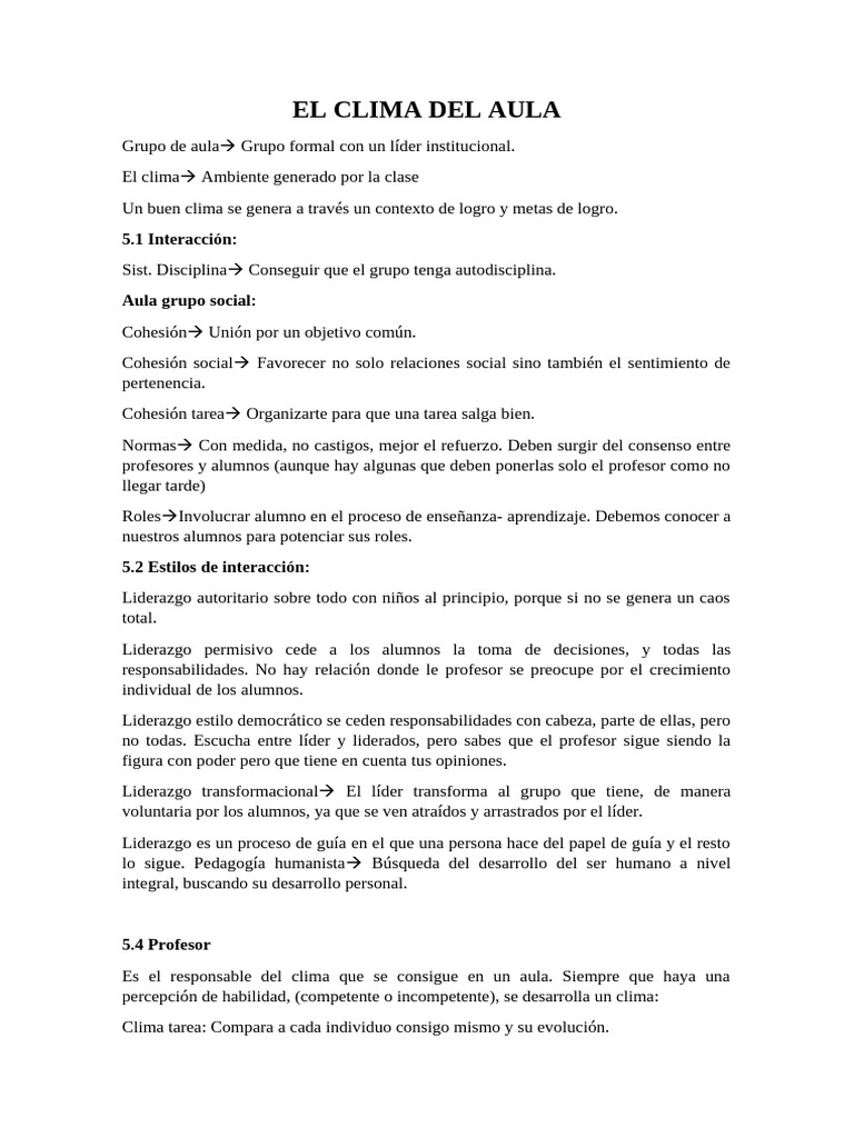 Tema 5 Clima Aula | PDF | Liderazgo | Salón de clases
