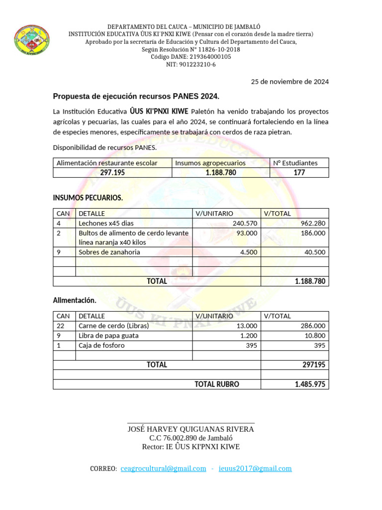 Propuesta PANES 2024: Proyectos Educativos Jambaló | PDF