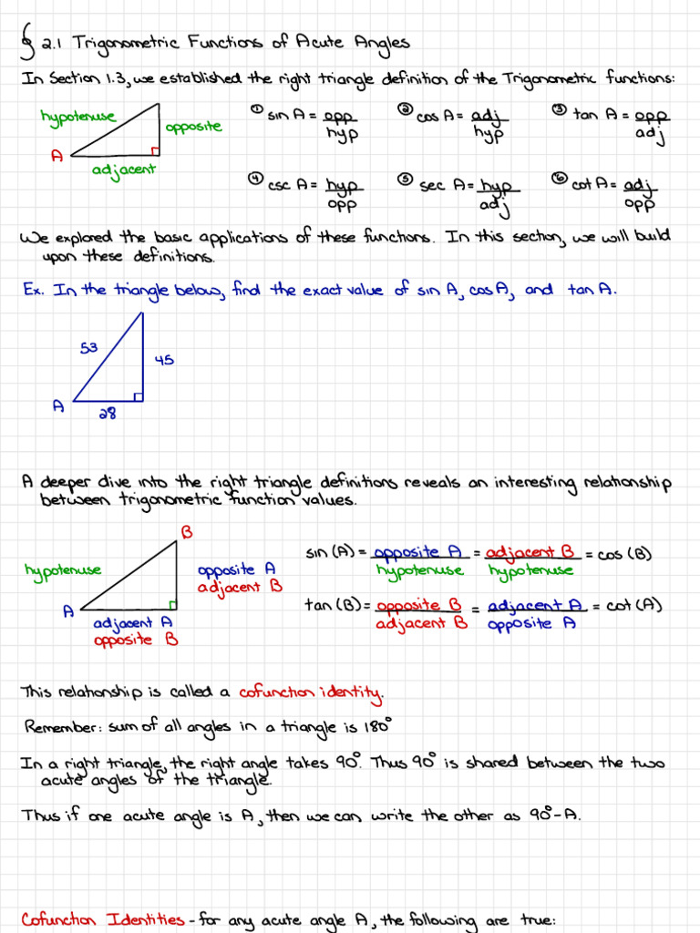 Section 2.1 Trigonometric Functions of Acute Angles | PDF ...