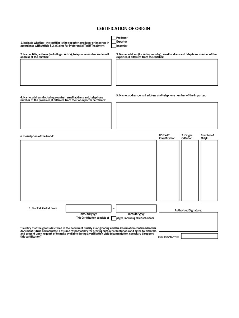 Certification of Origin Document Template | PDF