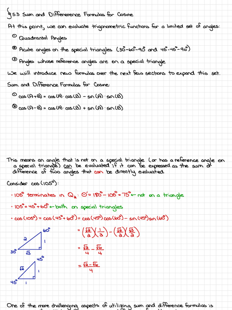 Section 5.3 Sum and Difference Formulas For Cosine | PDF | Trigonometric Functions | Triangle