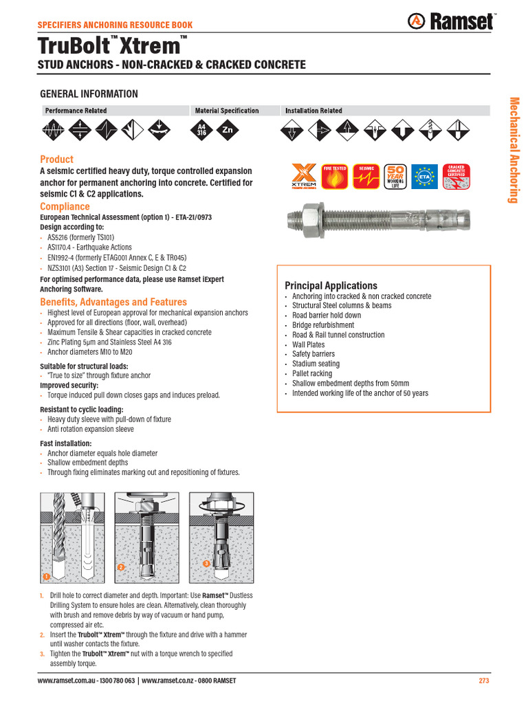 Ramset SARB ANZ Ed.3 TruBolt Xtrem STUD ANCHORS | PDF | Concrete | Steel