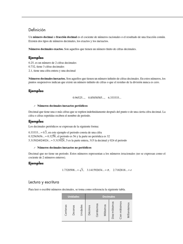 Definición de Números Decimales | PDF | Números | Decimal