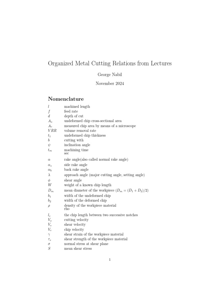 Metal Cutting Relations and Formulas | PDF | Machining | Force