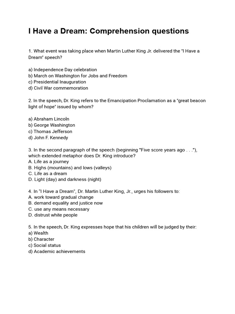 I Have A Dream Comprehension Questions Updated | PDF