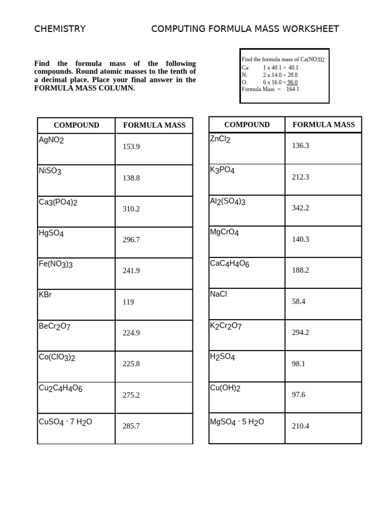 Formula Mass Worksheet - Eniola Akinyemi | PDF | Molecules | Chemical ...