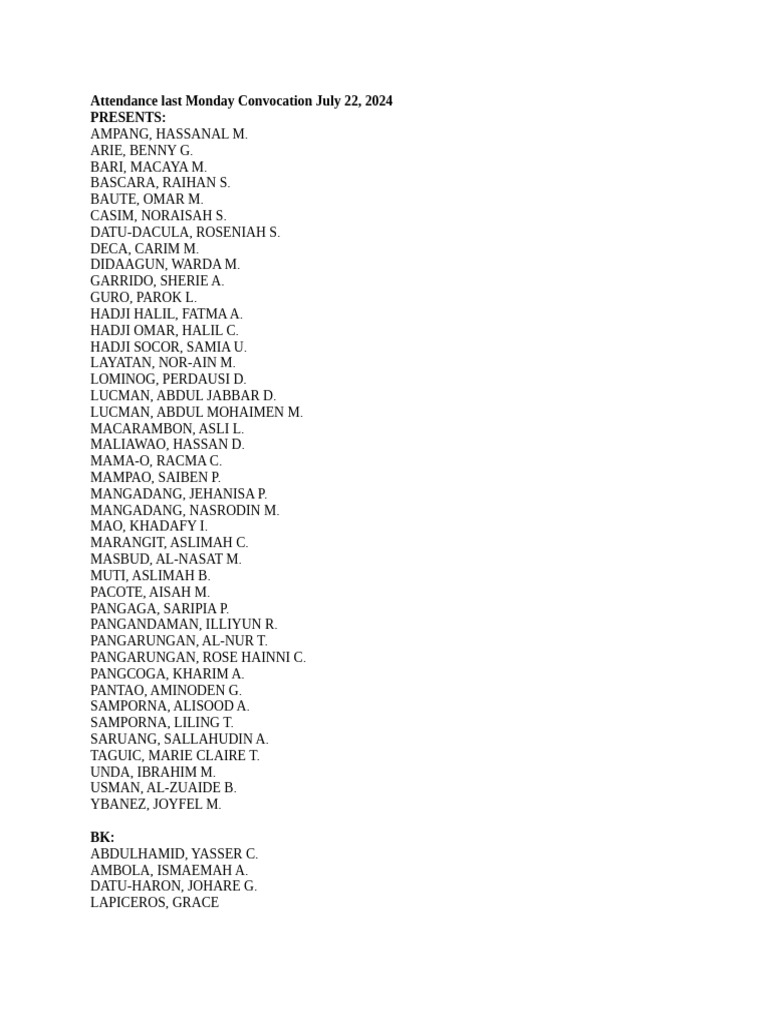 Attendance Last Monday Convocation July 22 | PDF