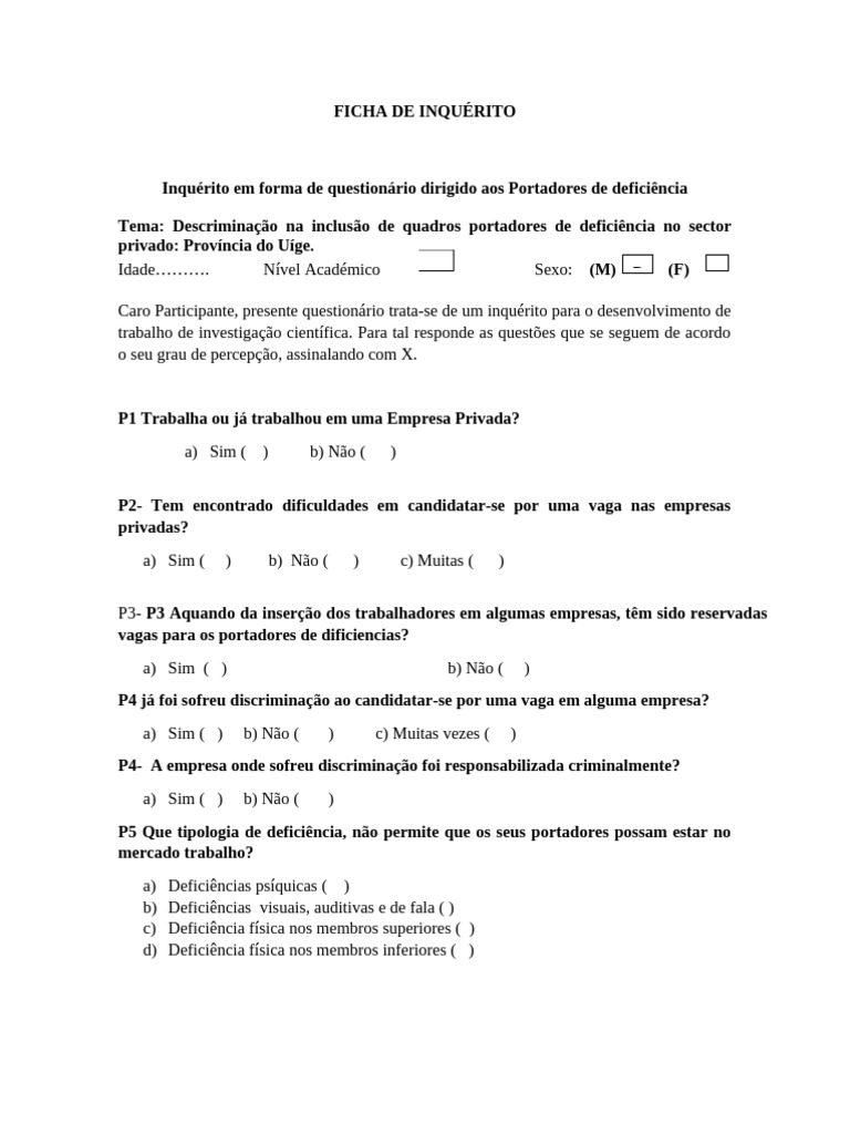 FICHA DE INQUÉRITO Tio Kissati Corrigido | PDF