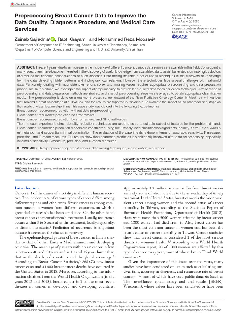 Sajjadnia Et Al 2020 Preprocessing Breast Cancer Data To Improve The Data Quality Diagnosis ...