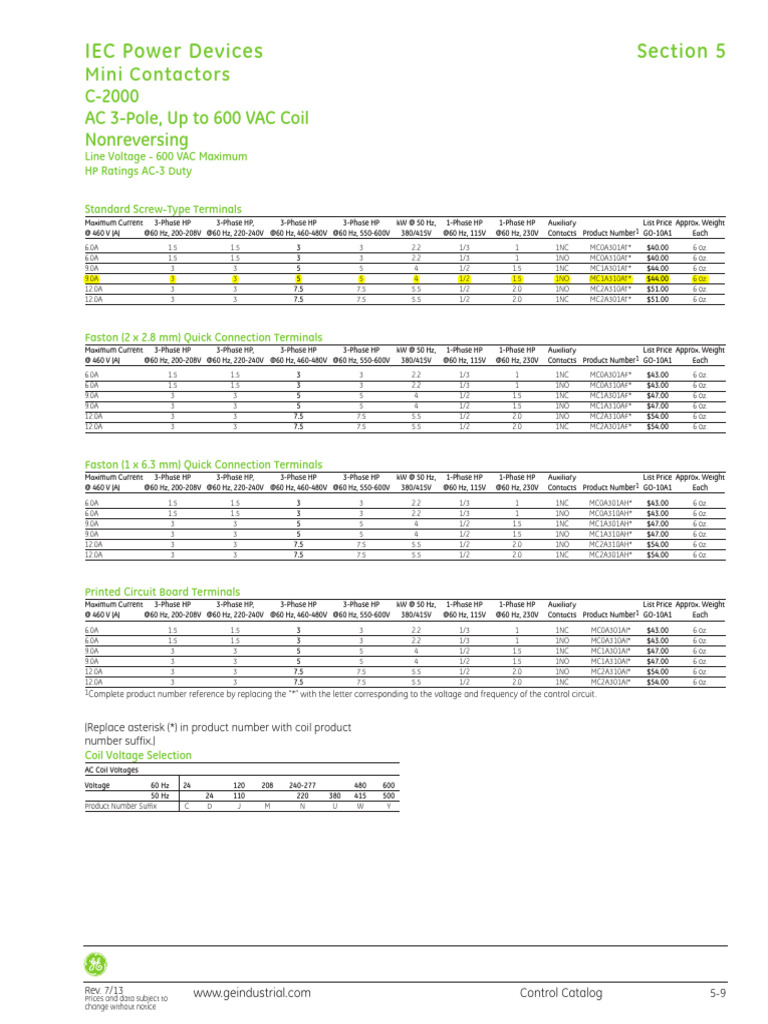MC1A Specs | PDF | Alternating Current | Electrical Equipment