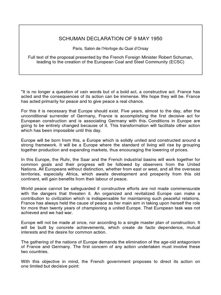 Schuman Declaration - 9 May 1950 | PDF | Economies | International ...