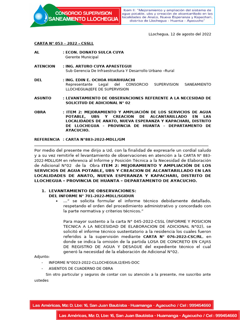 Carta N°53 - Levant. Obs Necesidad Adicional 02 | PDF | Saneamiento | Salud pública